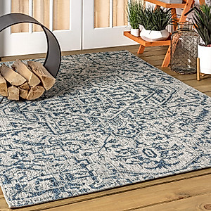 JONATHAN Y SMB105B-9 Estrella Bohemian Medallion Textured Weave Indoor Outdoor Area Rug Coastal Bohemian Rustic Glam Easy Cleaning Bedroom Kitchen Backyard Patio Non Shedding, 9 X 12, Navy/Gray