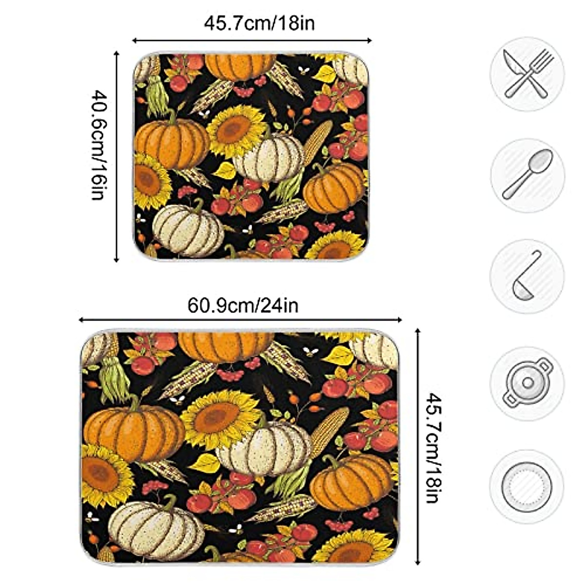 Summer Sunflowers Dish Drying Mat for Kitchen Counter 16x18 In Pumpkins Reversible Cute Sunflowers Tableware Pad Dish Drainer Rack Mats Fast Absorbent Kitchen Accessories for Countertop Sink