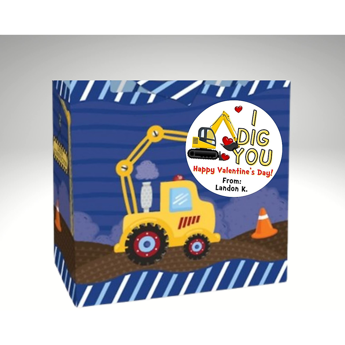 Personalized Construction Digger Valentine's Day Stickers for Kids 20-Count, 2 inch, Custom Classroom Valentines Favor for Boys, Happy Valentine's Day Labels