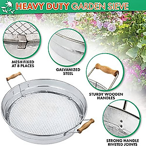 IDSWorld Galvanized Garden Sieve Compost Dirt Soil Shifter Round Riddle Screen Pan Strong Mesh Wooden Handles with Plastic Gardening Scoop