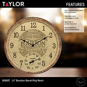 Taylor Bourbon Barrel Poly Resin Indoor and Outdoor Clock and Thermometer, 14 Inch, Multi-Color