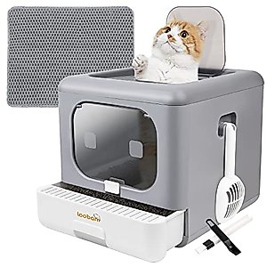 LOOBANI Foldable Cat Litter Box with Lid,Enclosed and Covered Litter Box to Prevent Smell, Anti-Splashing Kitty Potty with Scoop and Mat for Easy Clean, Large Top Entry Cat Toilet with Drawer (Grey)