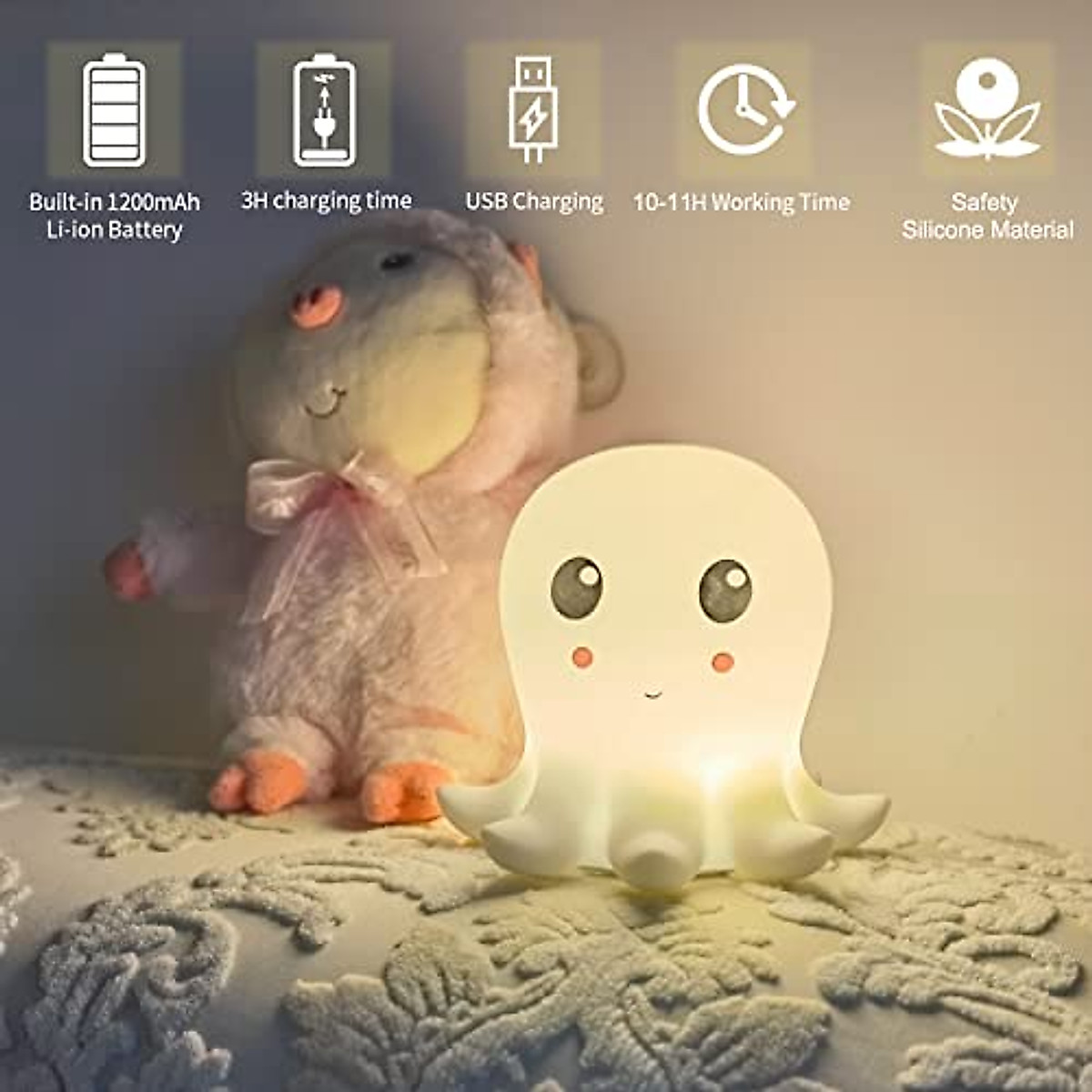 CometMars Toddler Night Lights, Silicone Octopus Light for Breastfeeding, Nursery Squishy Lamp, Cute Animal Bedside Lamp for Baby Kids Teens, Soft Nightlight with Touch Sensor for Bedroom