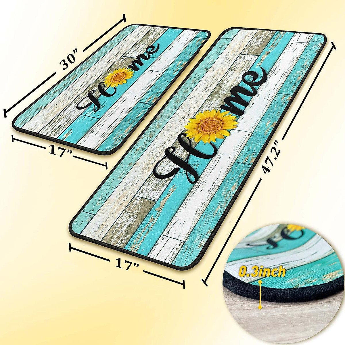 flippana Teal Kitchen Rugs and Mats Non Skid Washable, Non-Slip Backing Kitchen Rug Set of 2 for Floor, Kitchen Decor Runner Rug Sets for Kitchen (17"x47.2"+17"x30", Teal)