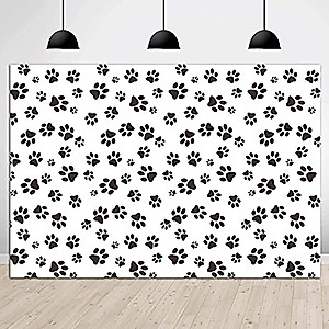 Paw Print Themed Photography Backdrop Vinyl 7X5FT Happy Birthday Party Supplies Puppy Dog Paw Print Photo Background Baby Shower Pet Treat Party Decoration Candy Table Photo Booth Studio Props