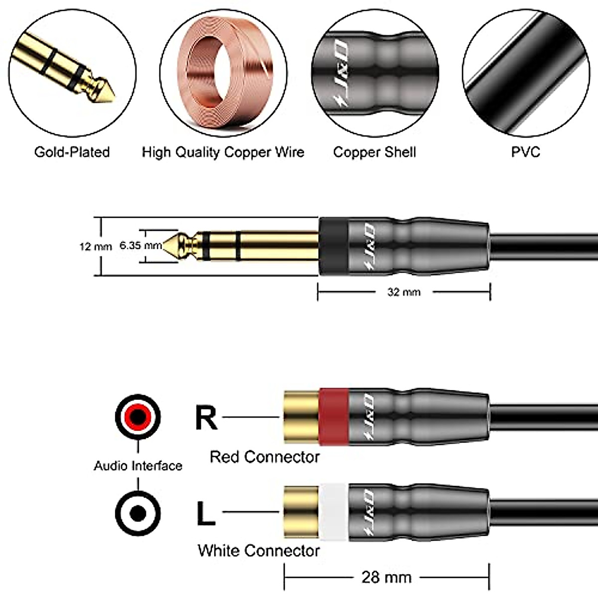 J&D 6.35 mm to 2RCA Cable, Heavy Duty Copper Shell Joint 6.35mm 1/4 inch Male TRS to 2 RCA Female Splitter Stereo Audio Adapter Cable, 0.8 Feet