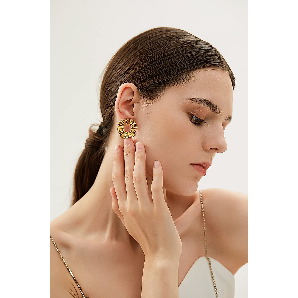 POVIK 14K Gold Plated Flower Hoop Earrings, Vintage Irregular Circular Exaggerated Statement Stud Earrings