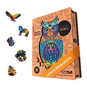 UNIDRAGON Wooden Jigsaw Puzzles - Charming Owl, 186 pcs, Medium 8.3"x13.8", Beautiful Gift Package, Unique Shape Best Gift for Adults and Kids