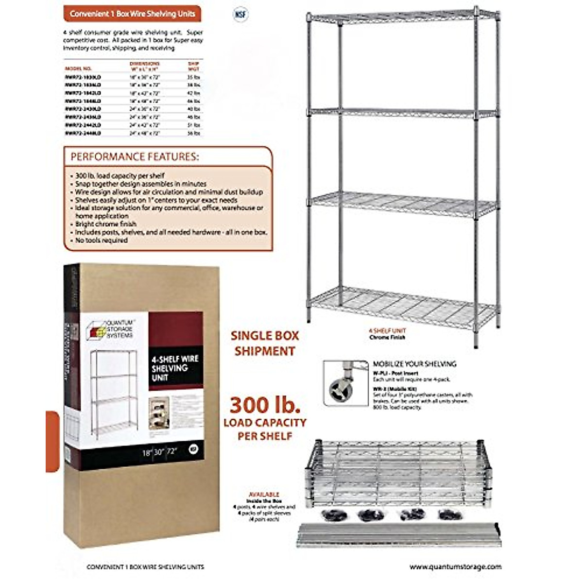 QUANTUM STORAGE SYSTEMS 4-Shelf Adjustable Wire Shelving Unit, 300 lb. Load Capacity per Shelf, 72 H x 30 W x 18 D, Chrome Finish