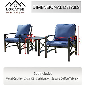 LOKATSE HOME 3 Piece Outdoor Patio Chairs Set with Table, Bistro Furniture Metal with Cushions, Blue