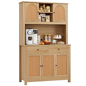 FINETONES 71" Kitchen Pantry Cabinet, Pantry Cabinet with Microwave Stand & Charging Hole, Freestanding Kitchen Hutch with Drawers and Adjustable Shelves, Kitchen Rattan Cabinet for Kitchen, Walnut