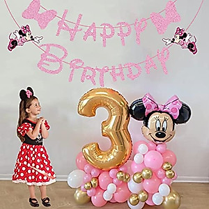 GOGOPARTY Pink Mouse Happy Birthday Banner, Mouse Decoration Pink Themed Birthday Banner For Girl Kids Birthday Party Baby Shower Decorations