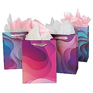 Homeadow Bags - 4 Pcs Assorted Gift Bags, Medium Size (9"x7") - Assorted with 4 Different Designs, Laminated Cardboard, includes 8 tissue papers - Colorful Abstract 3D Patterns