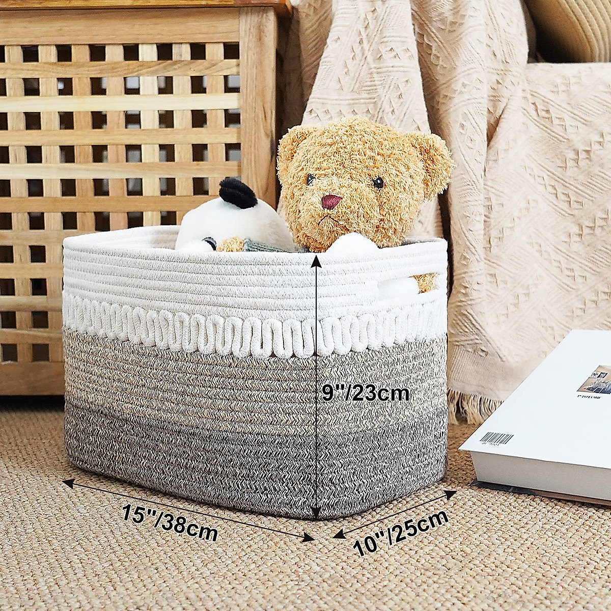 AROPEME Storage Basket for Shelves, 15"x10"x9" Woven Basket with Handles for Organizing, Cotton Rope Basket for Storage, Baby Nursery Toy Bin, Medium Rectangle Blanket Basket, Brown