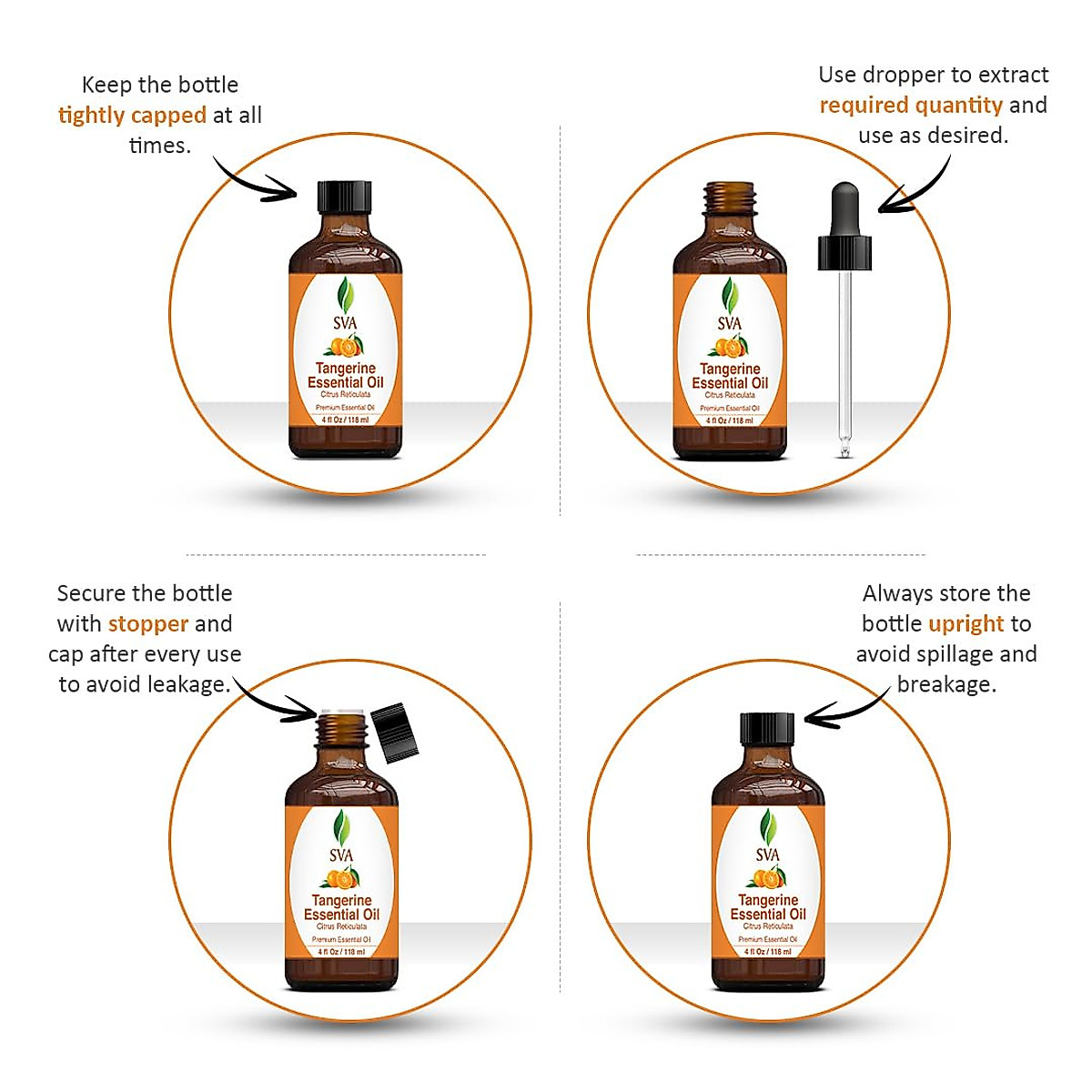 SVA Tangerine Essential Oil – 4 Fl Oz – 100% Natural Tangerine Oil - for Diffuser, Hair Care, Face, Skin Care, Aromatherapy, Scalp and Body Massage, Soap and Candle Making – with Dropper