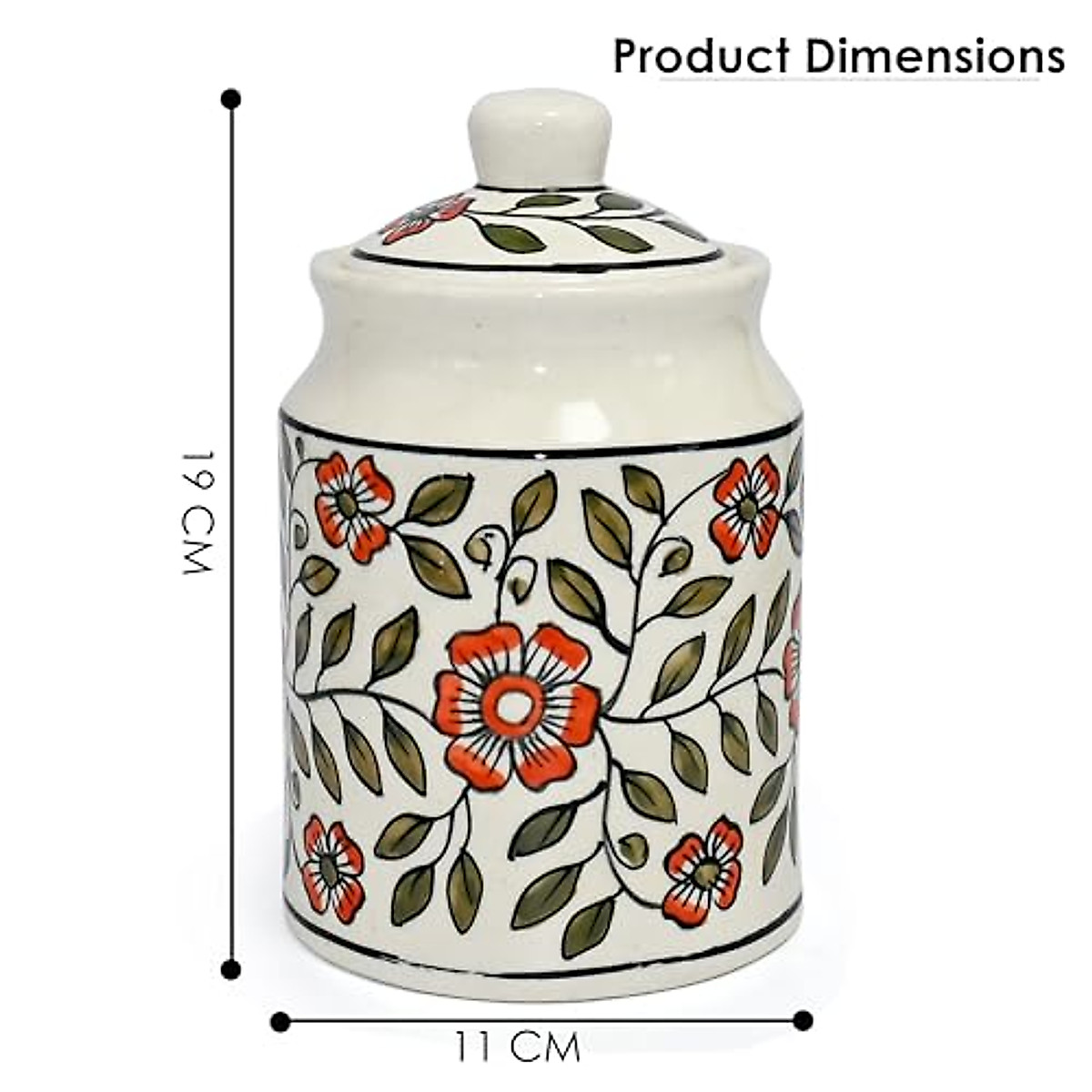 Amoorcart Ceramic Jars and Containers with Lid for Kitchen - Hand painted - Pack of 1-17cm height - (NON AIRTIGHT) - Red Green Floral