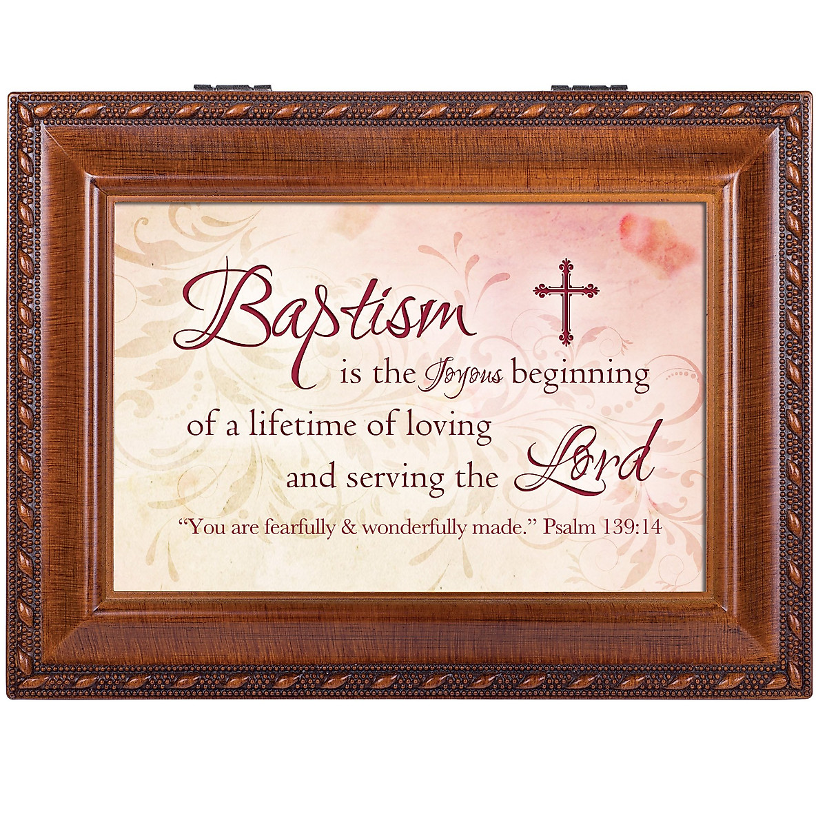 Cottage Garden Baptism Beginning of a Life Serving Woodgrain Rope Trim Jewelry Music Box Plays Jesus Loves Me