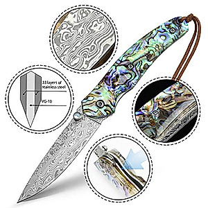 NedFoss Pocket Knife, Damascus Pocket Knife with Abalone Shell Handle, Handmade Forged Damascus Steel Folding Knife with Gift Box, Excellent Gifts for Men Women (A-Polar Bear)