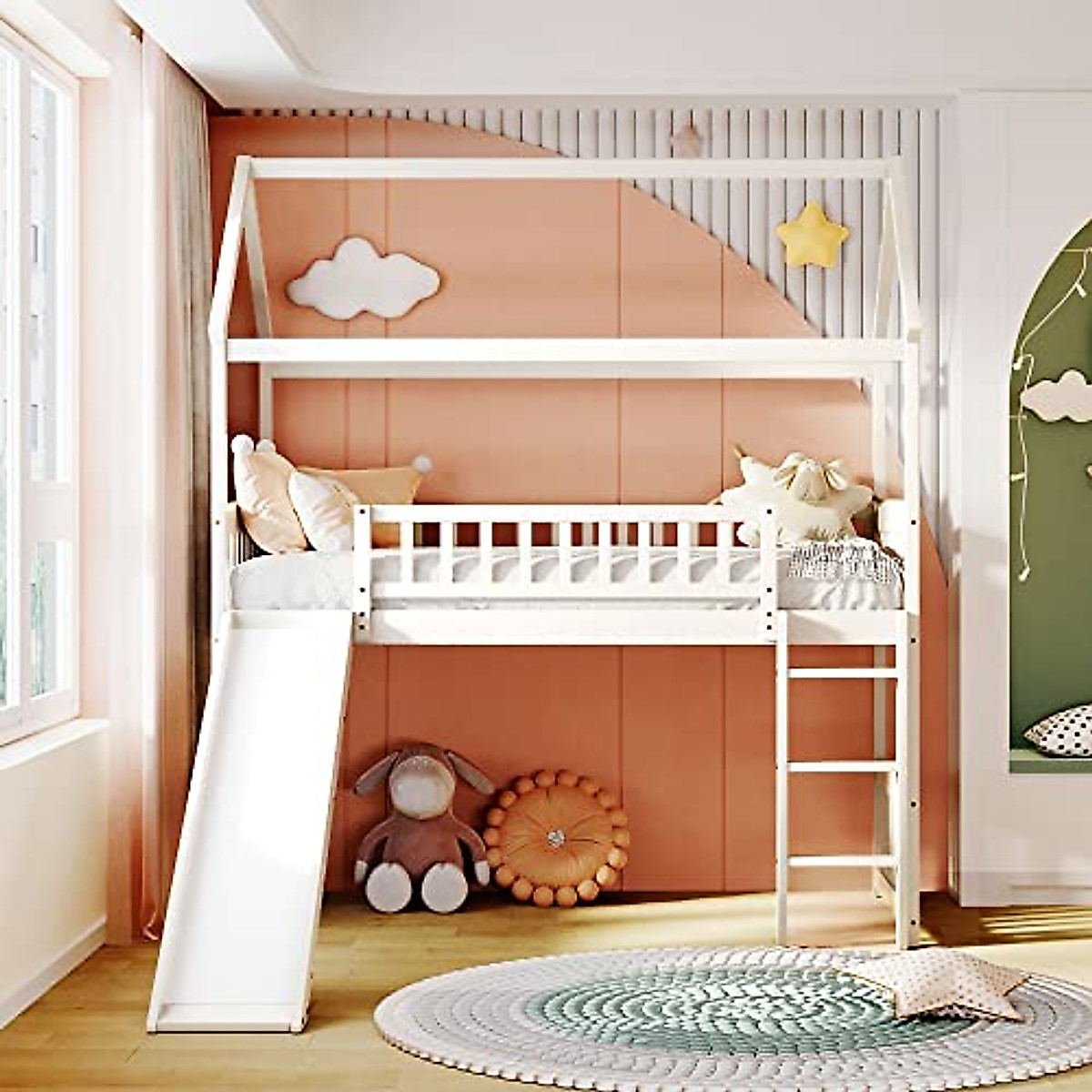 Merax House Loft Bunk Bed Frames with Slide No Box Spring Needed for Teens, Girls or Boys
