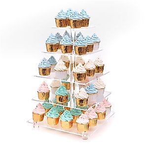 Antimbee 5 Tier Clear Acrylic Cupcake Stand with Gold LED Light String, Square Cup Cake Holder Tower Display
