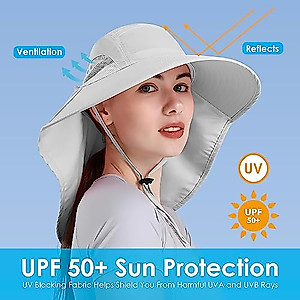 Womens Sun Hat UV Protection, Foldable Waterproof Wide Brim Bucket Hats with Neck Flap for Summer Beach Fishing Hiking Light Grey