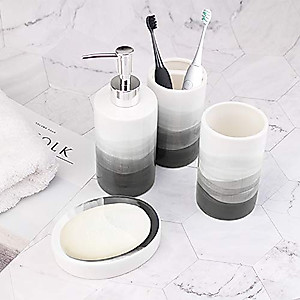 Wodlo- 4 Piece Painted Ceramic Bathroom Accessory Set, Includes Soap Dispenser Pump, Toothbrush Holder, Tumbler, Soap Dish Sanitary, Ideas Home Gift for Ware Home Decor Bath(Gray)