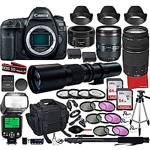 Canon EOS 5D Mark IV DSLR Camera with EF 24-105mm f/4L is II USM Lens Bundle +EF 50mm f1.8 STM & EF 75-300mm Lenses + 500mm Preset Lens + 128GB Memory and Accessory Bundle (50 Pieces)