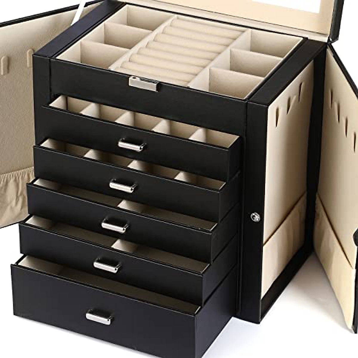 BOOVO Jewelry Box For women, 6 Layer Large Jewelry Organizer With Mirror, Multi-Function Storage Box With Lock, Accessory Holder With 5 Drawers, For Earrings Necklace Ring Bracelet (Black)