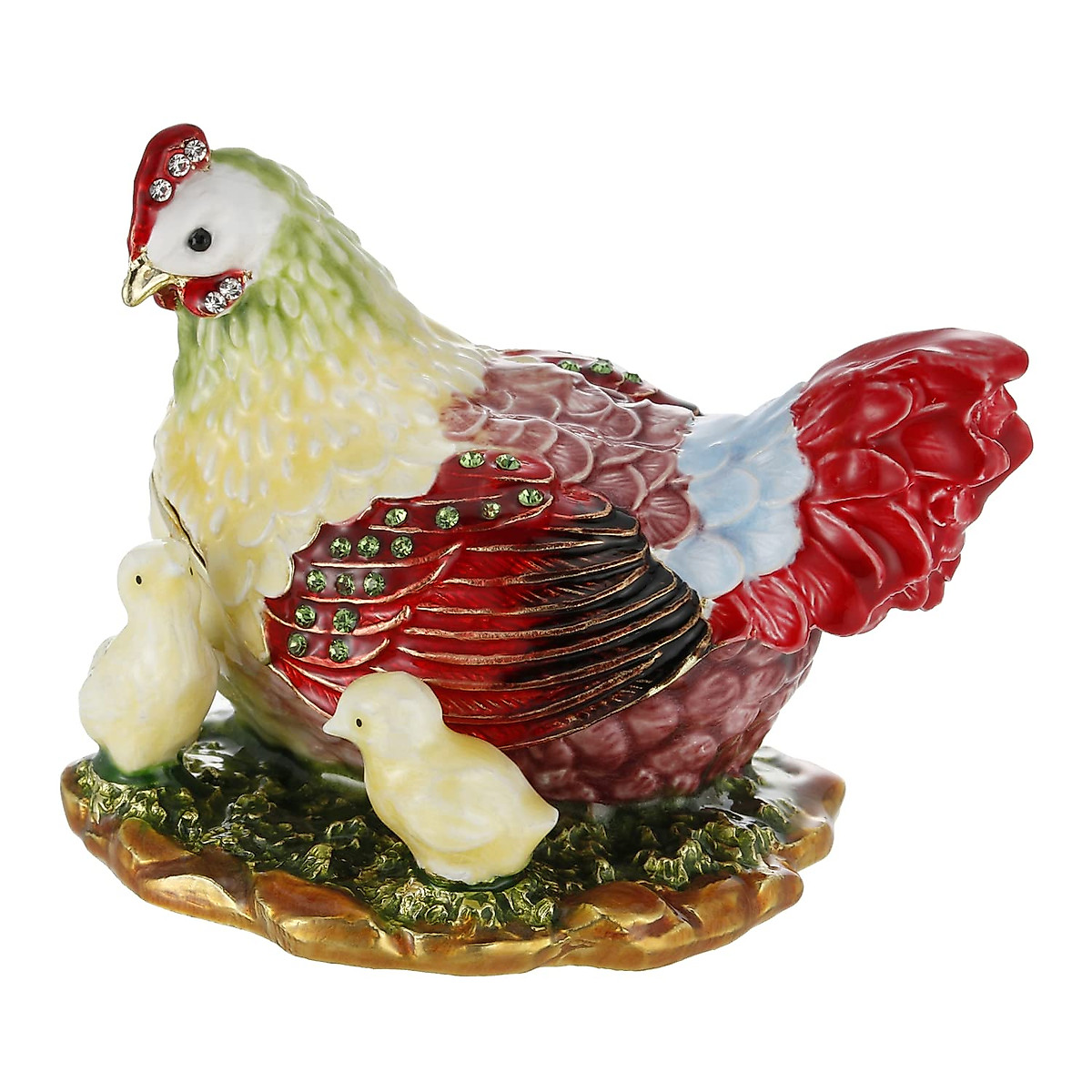 Hand Painted Hen Trinket Box for Home Decor, Hinged Enamel Jewelry Organizer Storage for Ring Earrings, Unique Figurine Keepsake Collectible Personalized Elegant Ornaments (Hen with Chicks)