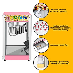 OUKIDR Popcorn Machine, Commercial Popcorn Machine With 8 Oz Kettle Makes Up To 48 Cups, Popcorn Machine Movie Theater Style With 3 Switch Control, Pink