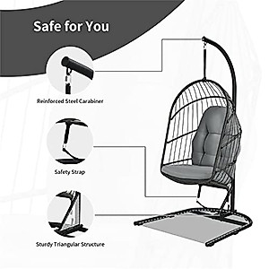 SAWQF Hanging Wicker Egg Chair w/ Stand Cushion Foldable Outdoor Indoor Beige/Gray ( Color : E )