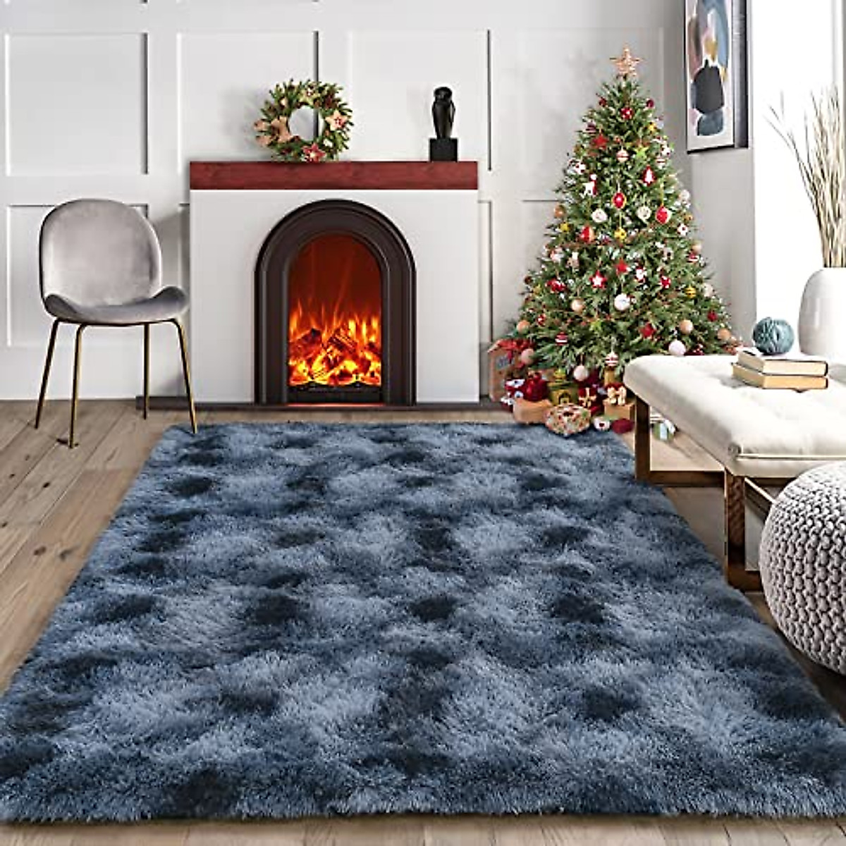HOMORE Soft Fluffy Rug for Bedroom, Tie Dye Rugs for Living Room, Non Slip Shaggy Plush Carpet for Kids Nursery Toddler, 5x7 Feet Area Rugs for Room Floor, Blue Gray
