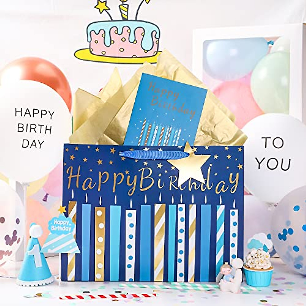 MAYPLUSS 16" Birthday Large Gift Bag with Greeting Card and Tissue Paper for Birhtday - Blue Gold Foil Candle Design