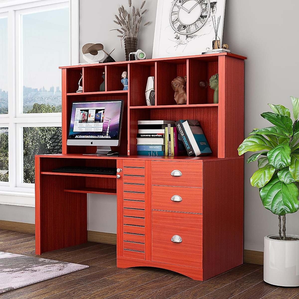 Xshelley Home Office Computer Desk with Hutch, 3 Drawers, Keyboard Tray (Red)