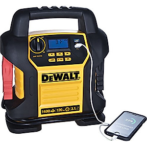 DEWALT DXAEJ14 Digital Portable Power Station Jump Starter: 1400 Peak/700 Instant Amps, 120 PSI Digital Air Compressor, 3.1A USB Ports, Battery Clamps , Yellow