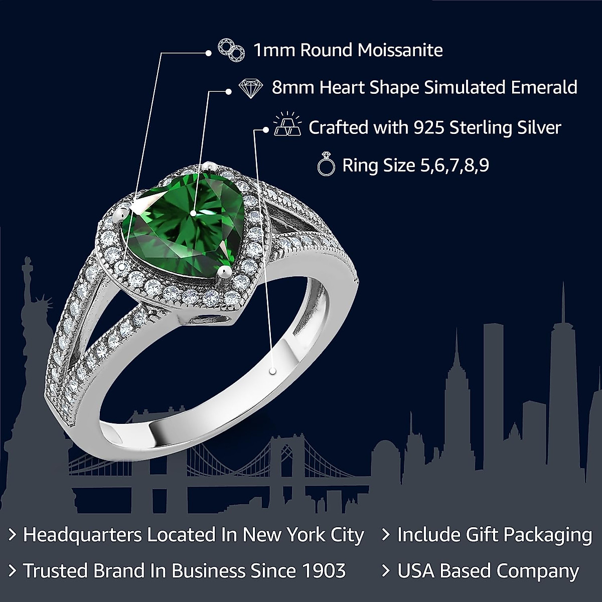 Gem Stone King 925 Sterling Silver Green Nano Emerald and White Moissanite Ring For Women | 1.51 Cttw | Gemstone May Birthstone | Heart Shape 8MM | Available In Size 5,6,7,8,9