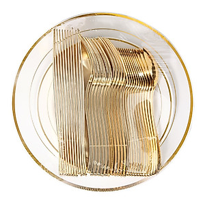 supernal 60pcs Gold Plastic Dinnerware,Gold Plastic Plates with Gold Plastic Silverware,Gold Plastic Party Plates,Gold Plastic Cutlery Service for 12 Guests,Perfect for Thanksgiving,Christmas,Party