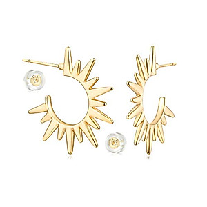 MYEARS Women Sun Earrings Gold Open Spike Hoop C Shape 14K Gold Filled Small Simple Handmade Hypoallergenic Everyday Illusion Jewelry