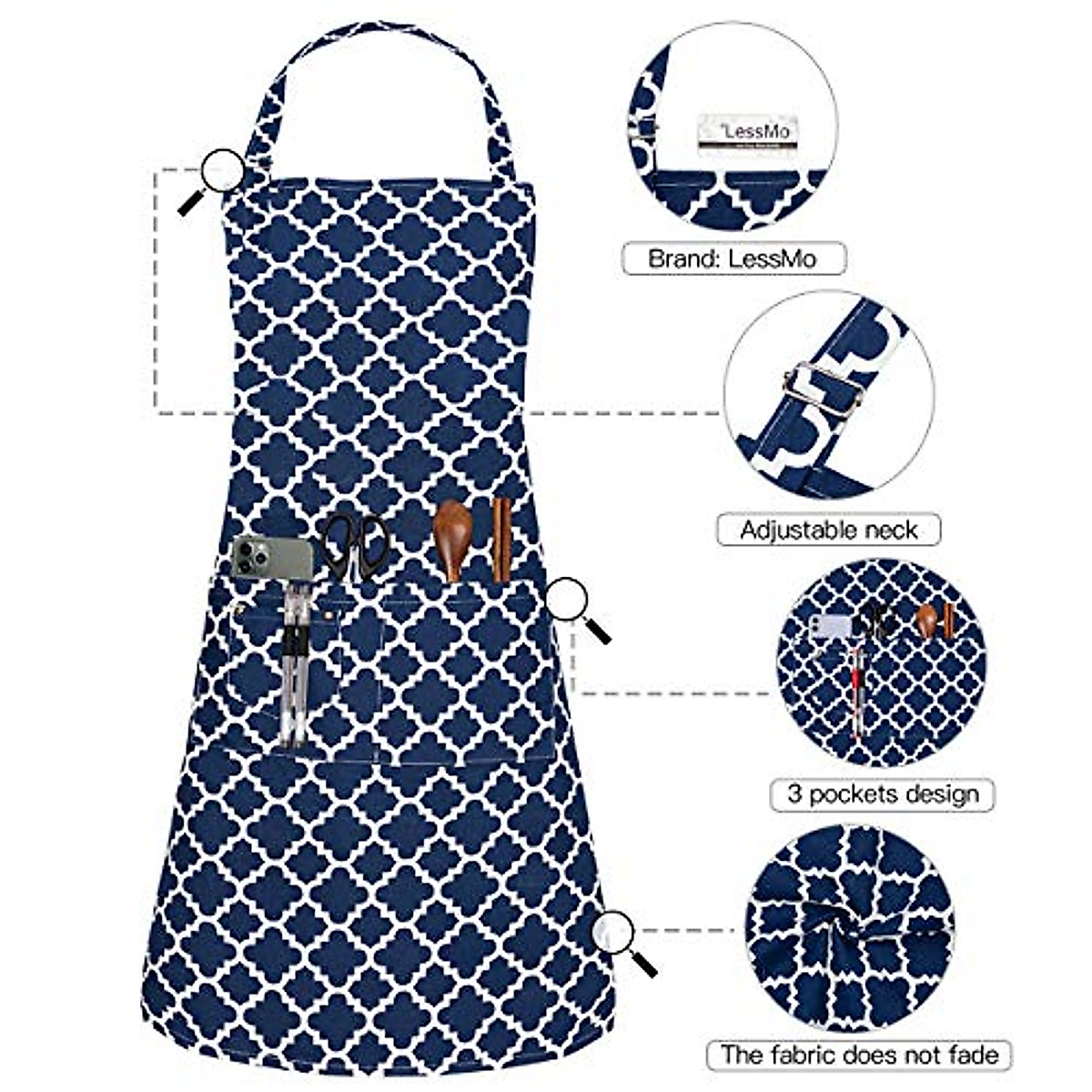 LessMo Kitchen Cooking Aprons with 3 Pockets for Men Women - Cotton Adjustable Professional Grade Chef Apron for Kitchen, BBQ & Grill (Blue)