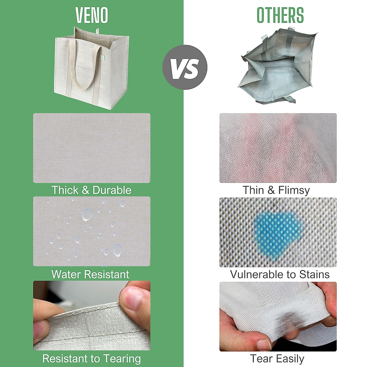 VENO 4 Pack Reusable Grocery Bags w/ Hard Bottom, Heavy-Duty Shopping Bags for Shopping Cart (Beige, 4 Pack)