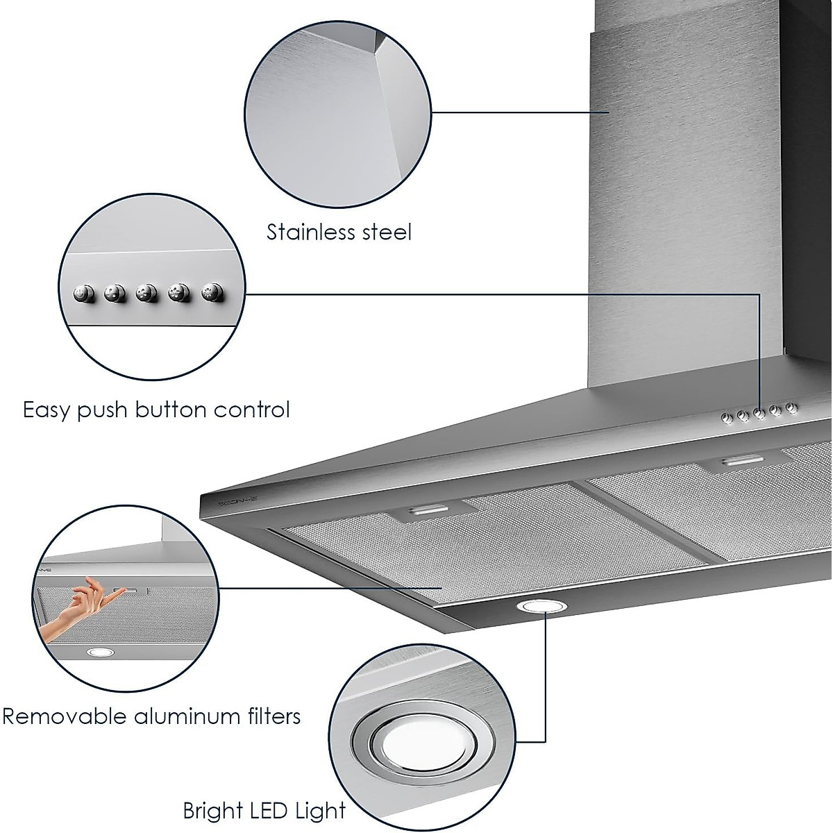 SOONYE 450 CFM 30 inch Range Hood, Stainless Steel Wall Mount Vent Hood, Convertible to Ductless/Ducted with LED Lights, 3 Speed Exhaust Fan