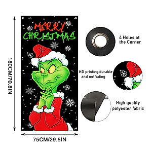 Christmas Door Cover Decorations Green Backdrop Merry Christmas Porch Sign for Indoor Outside Front Door Party Supplies（29.5x70.8in）
