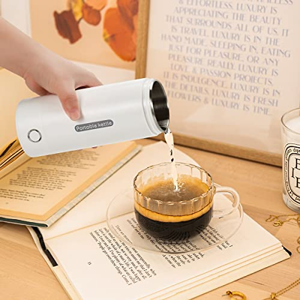 Portable Travel Electric Kettle, 350ml Small Electric Tea Kettle, Mini Portable Hot Water Boiler Stainless Materials Automatic Shut off and Dry Protection
