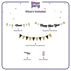 HOUSE OF PARTY New Year Paper Banner Pack - Cheers, Happy New Year, Triangle Banner - Silver Gold and Black Glitter New Years Decor NYE Decorations 2022