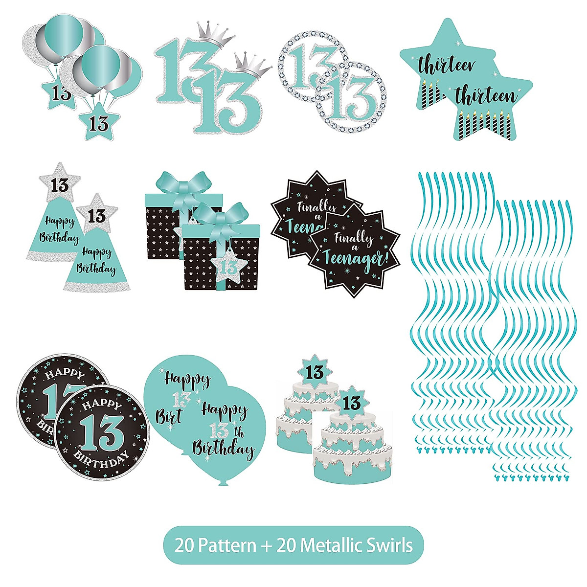 Happy 13th Birthday Party Hanging Swirls Streams Ceiling Decorations, Celebration 13 Foil Hanging Swirls with Cutouts for 13 Years Teal Silver Black Blue Birthday Party Decorations Supplies