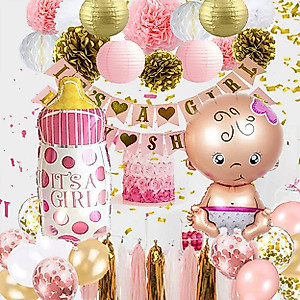 Baby Shower Decorations For Girl, Pink and Gold Baby Girl Shower Decorations set, Paper Lantern, Baby Shower Banner, It's a Girl Banner, Baby Girl Foil Balloon, Flower Pom Pom, Foil Tassel