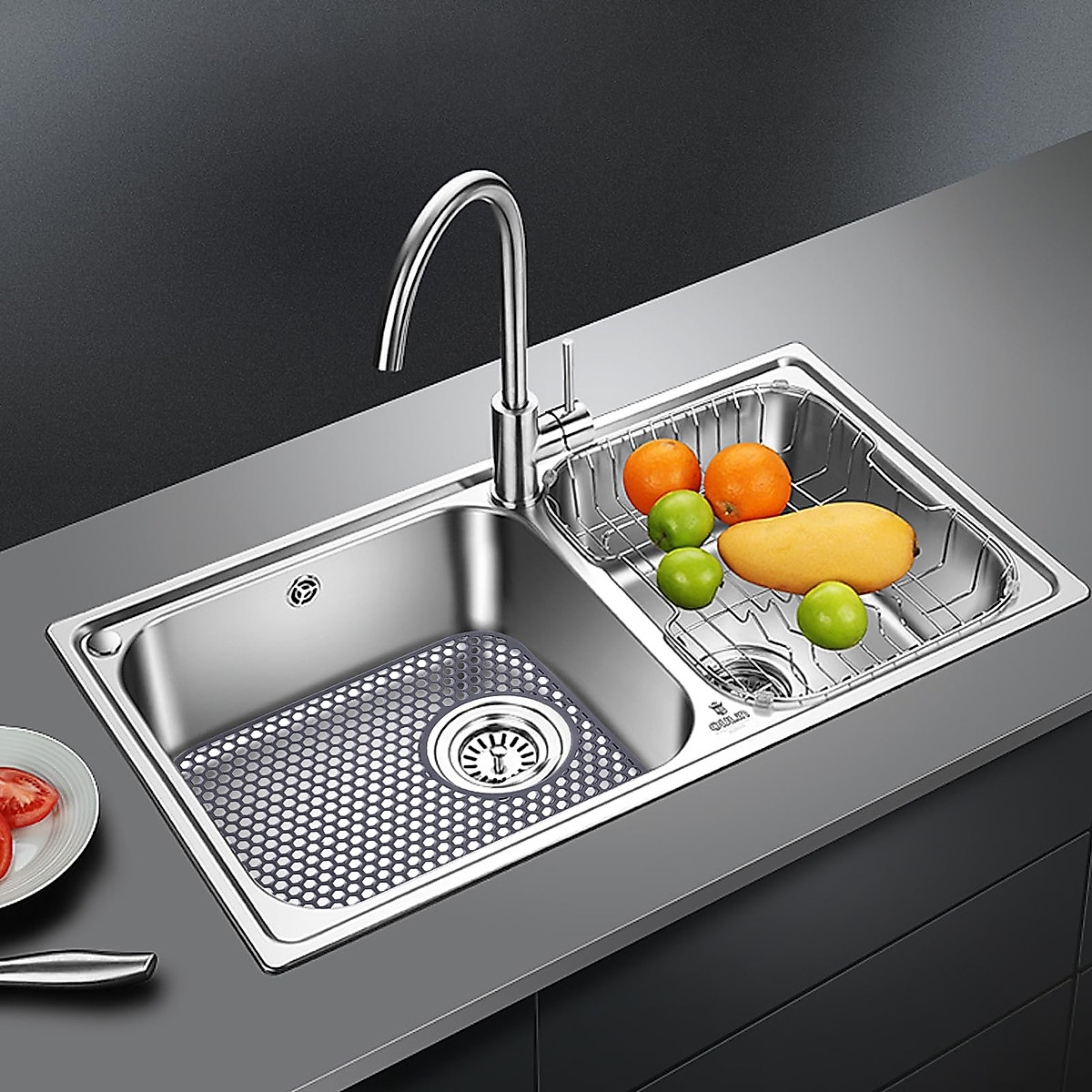 Silicone Kitchen Sink Mats 2Pcs, Large Sink Protectors for Kitchen Sink, 13.58*11.6" Dish drying mat for Bottom of Stainless Steel Sink, Rear Drain Non-Slip Heat Resistant Sink Protector Mat(Gray) (2)