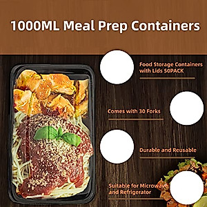 KIKitchen 50Pack 34oz Meal Prep Container with Lids and 30Pcs Forks, Black Plastic Containers, Reusable Storage Lunch Boxes, Portable Bento Box, Plastic Microwavable Food Containers