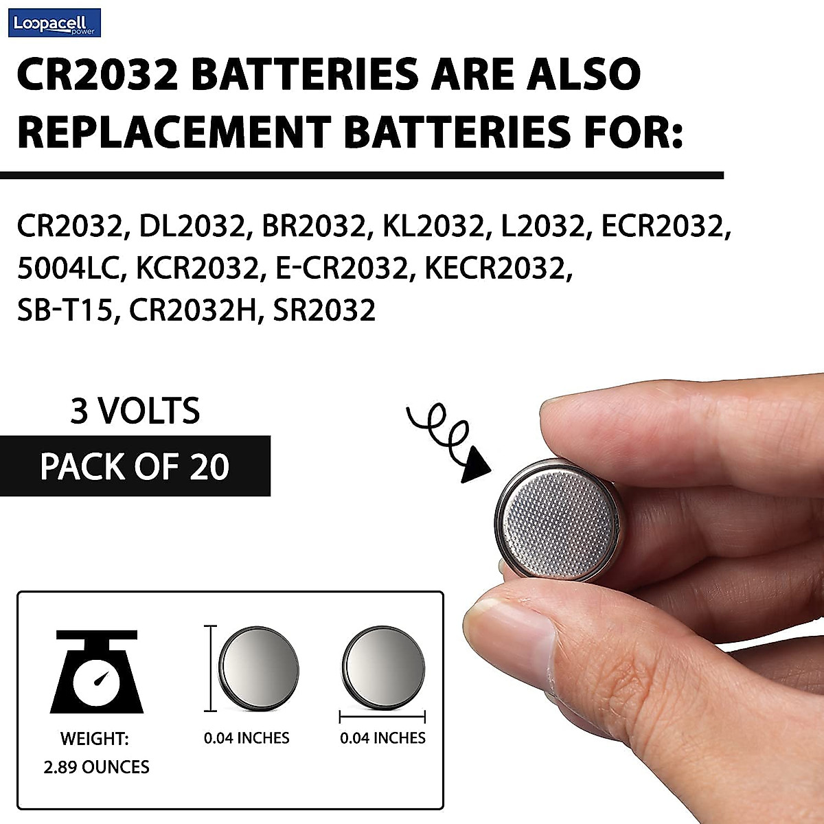 LOOPACELL CR2032 3V Lithium Coin Battery (20 Pack) – High Capacity Button Round Batteries for Watch, Remote – 2032 Flat Circle Cell Button Battery