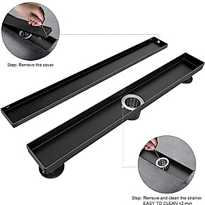 EXF Linear Shower Drain 18 Inch Matte Black with Reversible Flat & Tile Insert Cover, Stainless Steel Rectangle Shower Floor Drain with Hair Catcher, Adjustable Feet